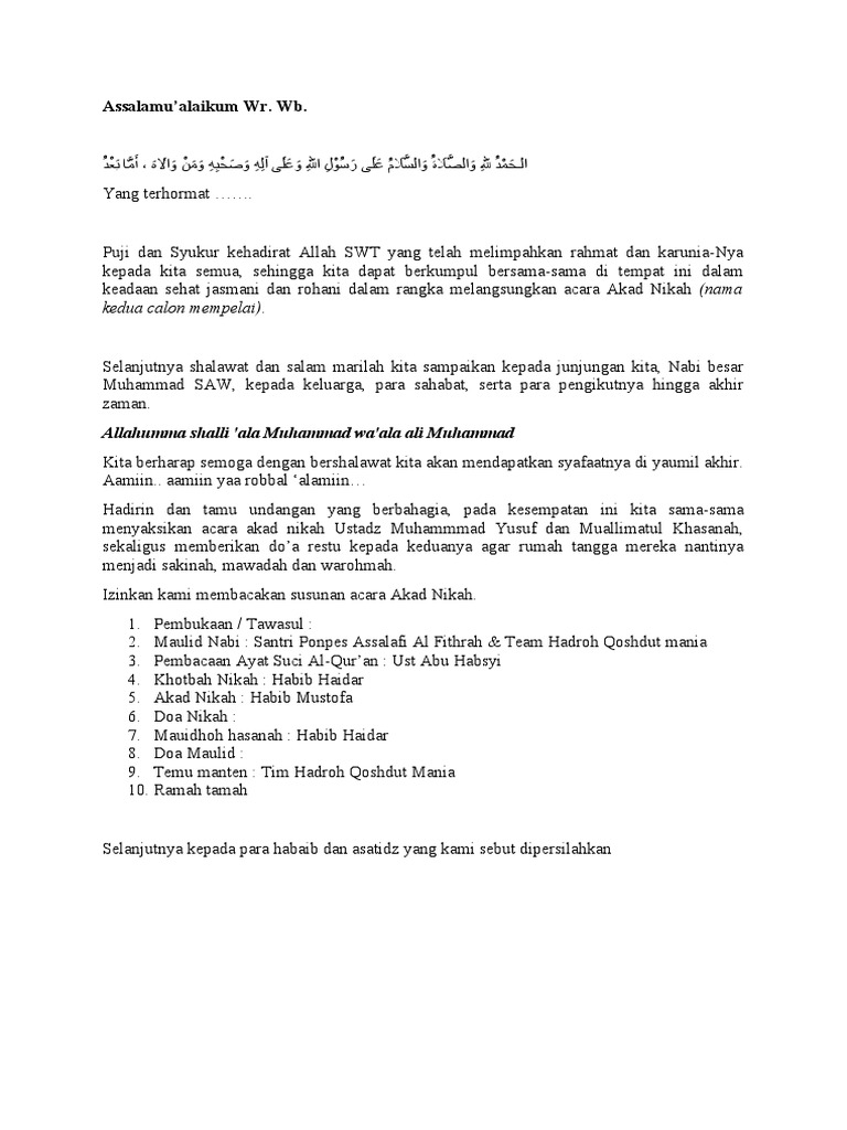 Contoh Teks Pembawa Acara (MC) Acara Akad Nikah | PDF