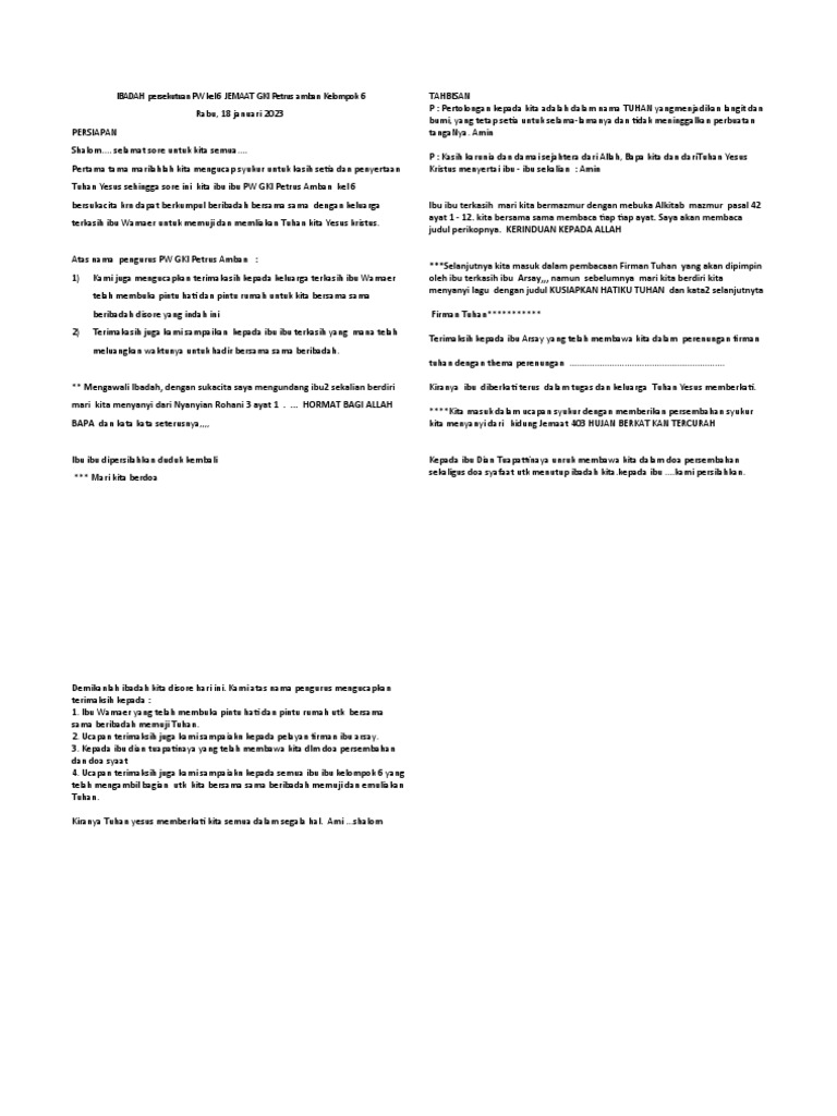 Tata Cara Ibadah Wanita Kaum Ibu Jemaat Gki | PDF