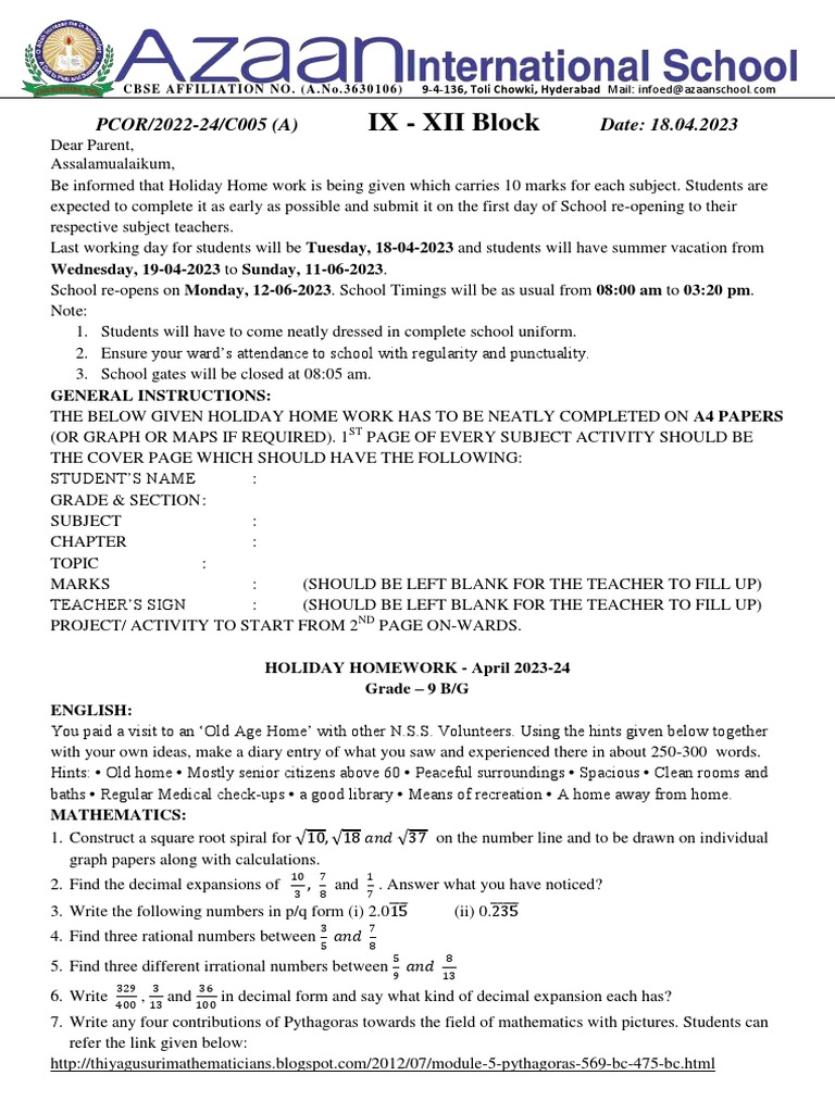 Grade 9 Holiday Homework Instructions | PDF