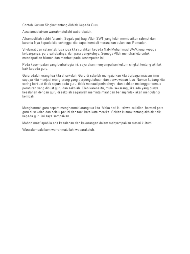 Contoh Kultum Singkat Tentang Akhlak Kepada Guru | PDF