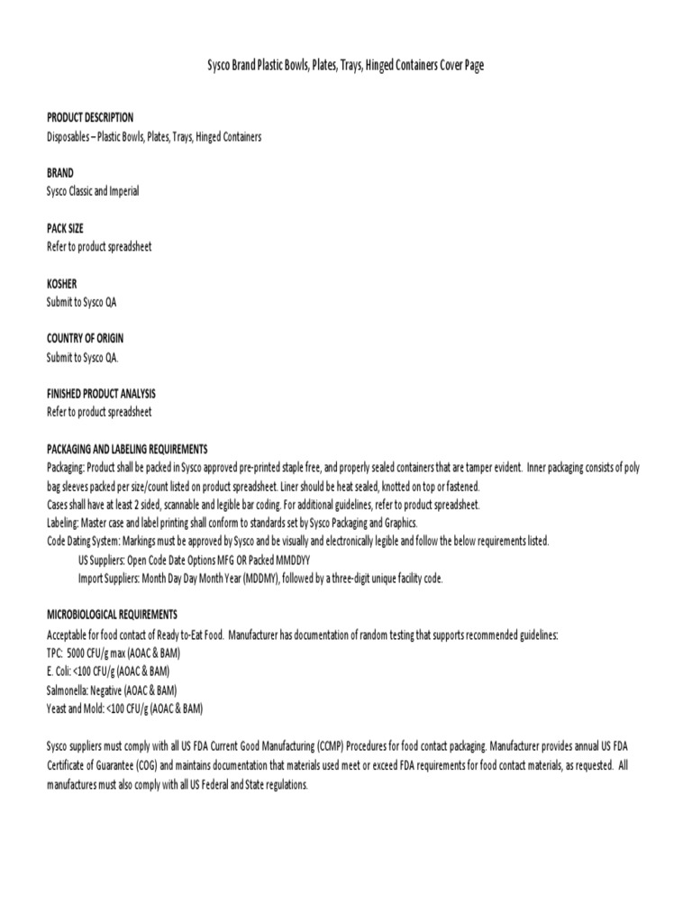 Sysco Brand Master Specifications Plastic Containers - RFP1 | PDF ...