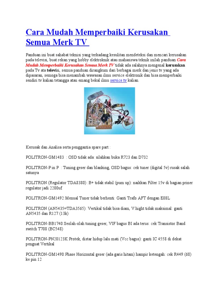 Cara Mudah Memperbaiki Kerusakan Semua Merk TV | PDF Cara Mudah Memperbaiki Kerusakan Semua Merk TV | PDF
