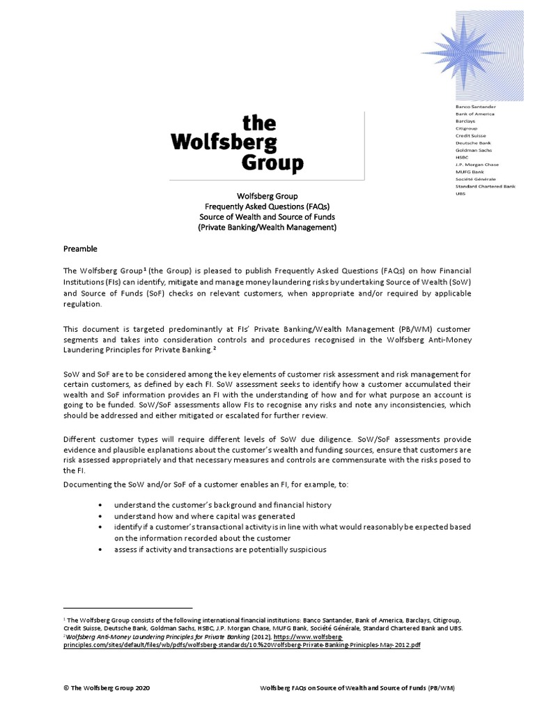 Wolfsberg SoW and SoF FAQs August 2020 (FFP) - 1 | PDF | Money Laundering | Economies