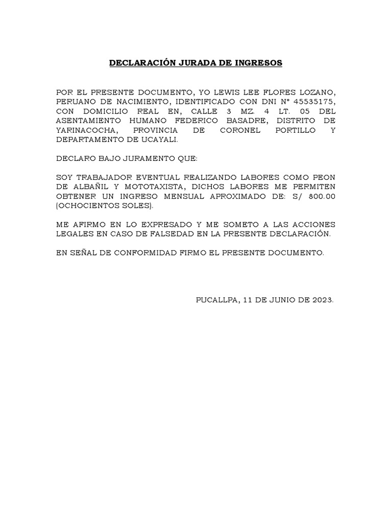 Declaración Jurada de Ingresos | PDF