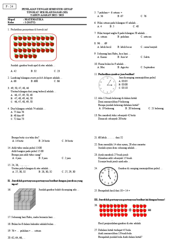 Soal Matematika 1SD | PDF