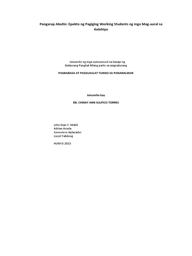 Kabanata 1 EPEKTO NG PAGIGING WORKING STUDENT | PDF