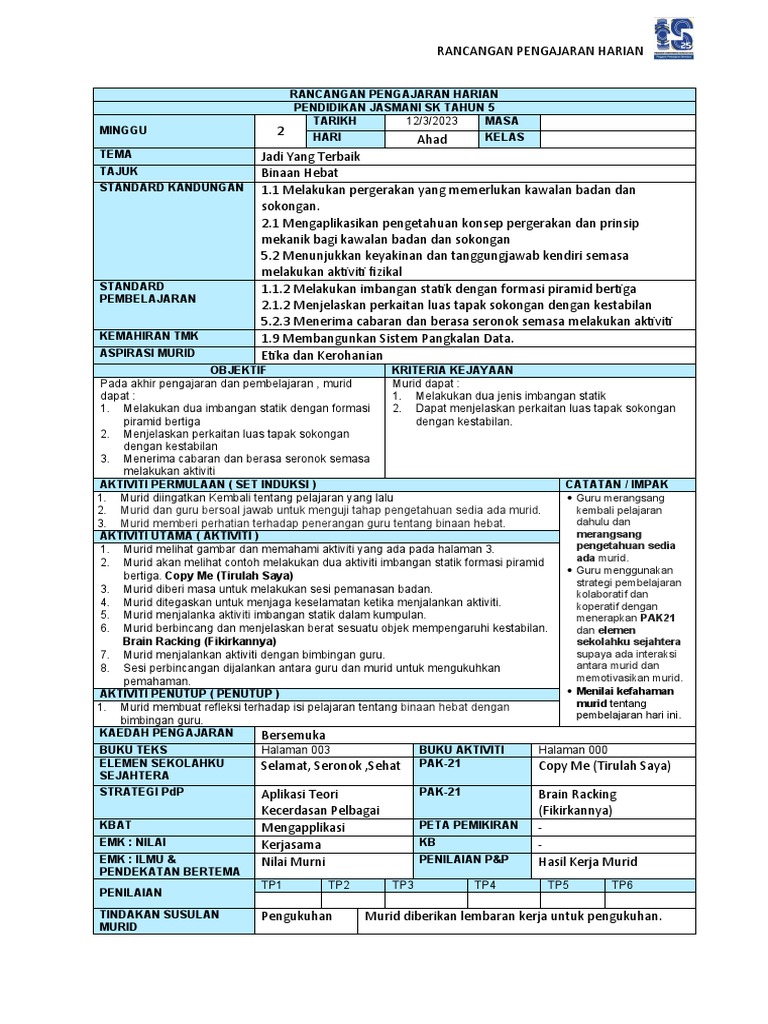 RPH Pendidikan Jasmani THN 5 | PDF