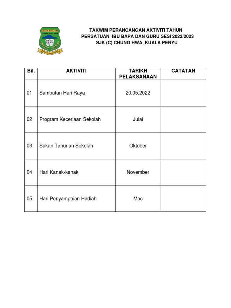Takwim Perancangan Aktiviti Tahunan Persatuan Ibu Bapa Dan Guru 2022 | PDF