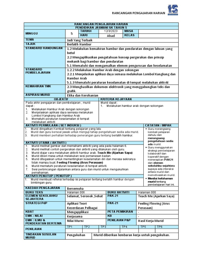 RPH Minggu 5 Pendidikan Jasmani THN 5 | PDF