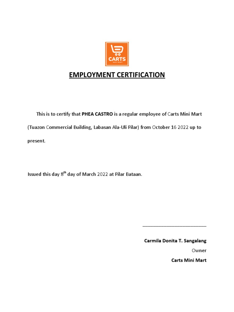 Employment Certification | PDF