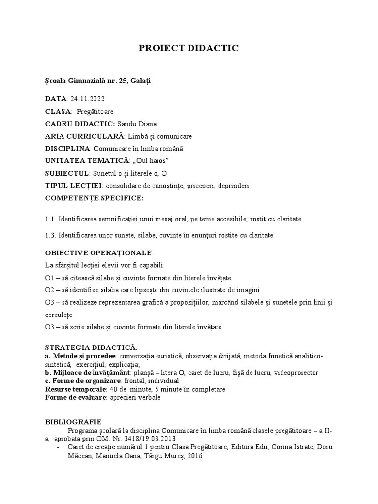 Proiect Didactic Sunetul Și Litera O 5 | PDF
