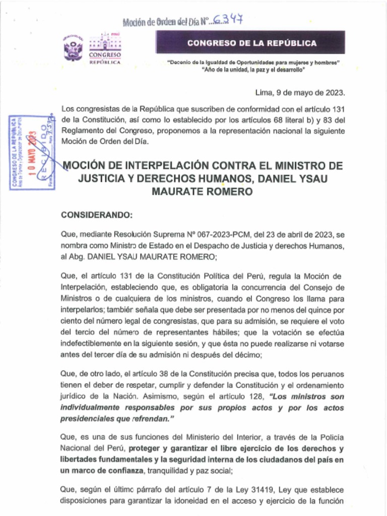 Moción de interpelación a ministro Daniel Maurate | PDF