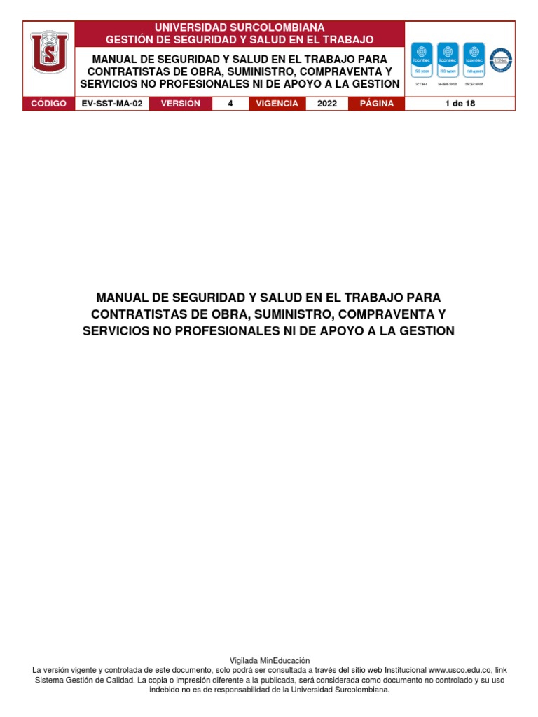 Ev-Sst-Ma-02 Manual de SST para Contratistas de Obra, Suministro, Compraventa y Servicios No ...