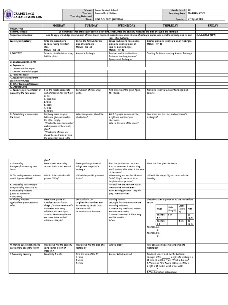 DLL - Mathematics 3 - Q4 - W6 | PDF