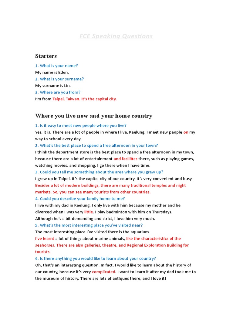 FCE Speaking Questions | PDF | Workweek And Weekend