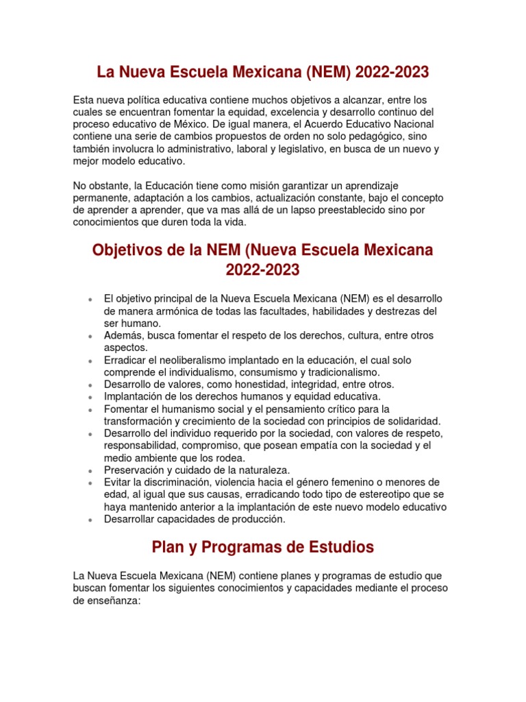 Nueva Escuela Mexicana 2022-2023 (NEM) | PDF
