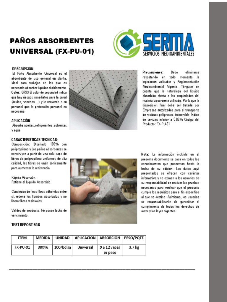 Paño Absorbente Universal FX-PU-01 | PDF | Absorción (Química) | Materiales