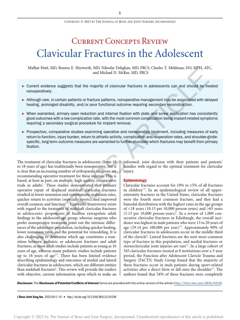 2023 JBJS Reviews Clavicular Fractures in The Asolescent | PDF ...