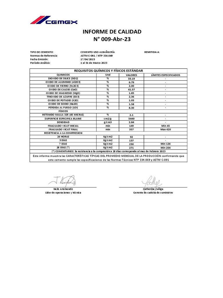 Informe de Calidad. Cemento CEMEX. 06. | PDF