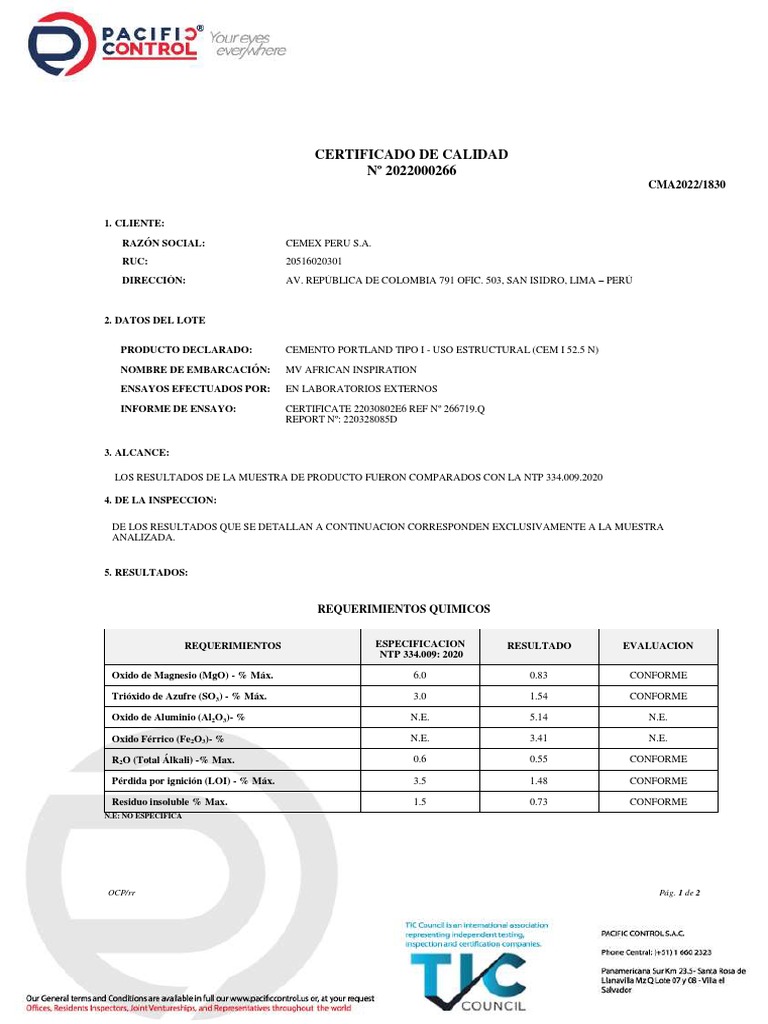 Certificado de Calidad. Cemento CEMEX. | PDF | Cemento | Materiales