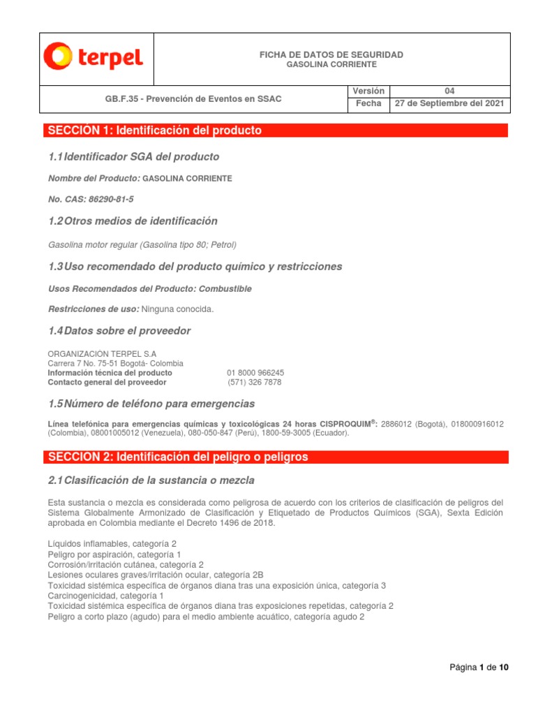 FDS Gasolina Corriente | PDF | Agua | Solubilidad