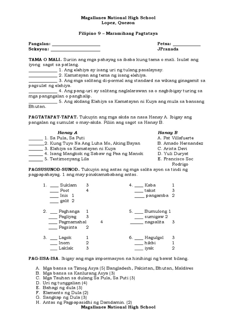 3rd Quarter Exam Filipino 9 | PDF