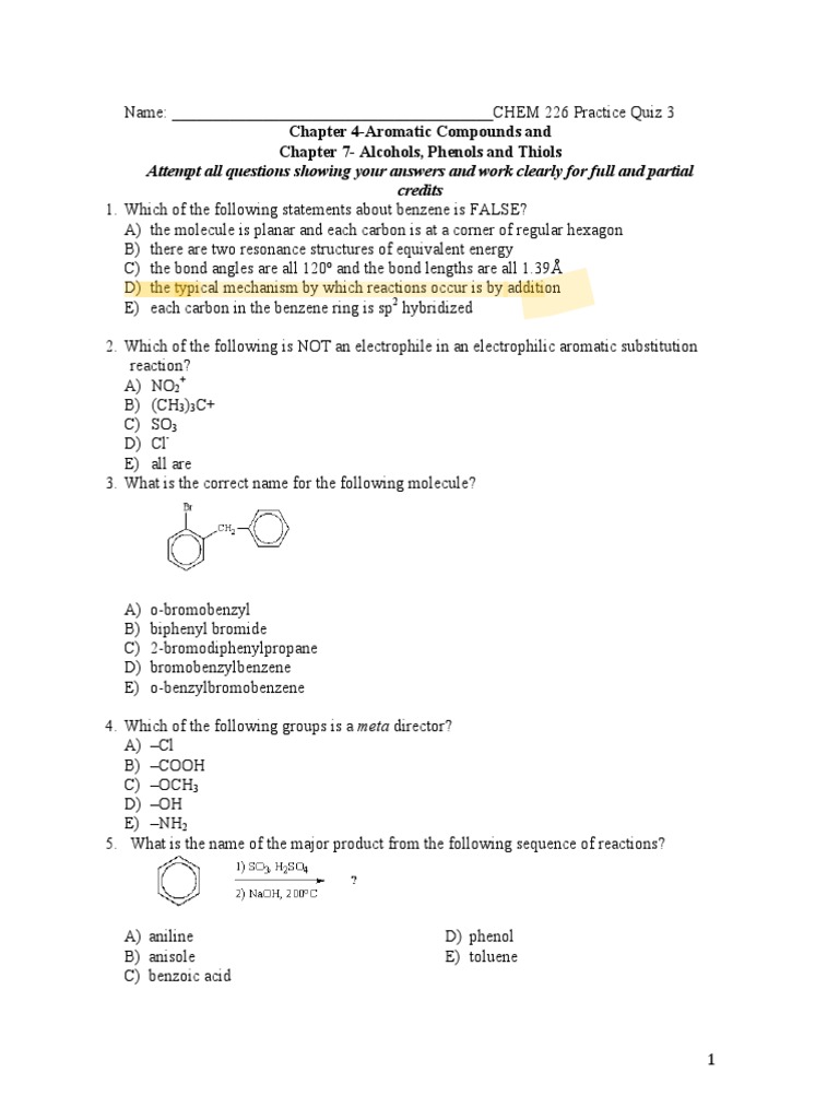 Aromatic Compounds & Alcohols Quiz | PDF | Benzene | Aromaticity
