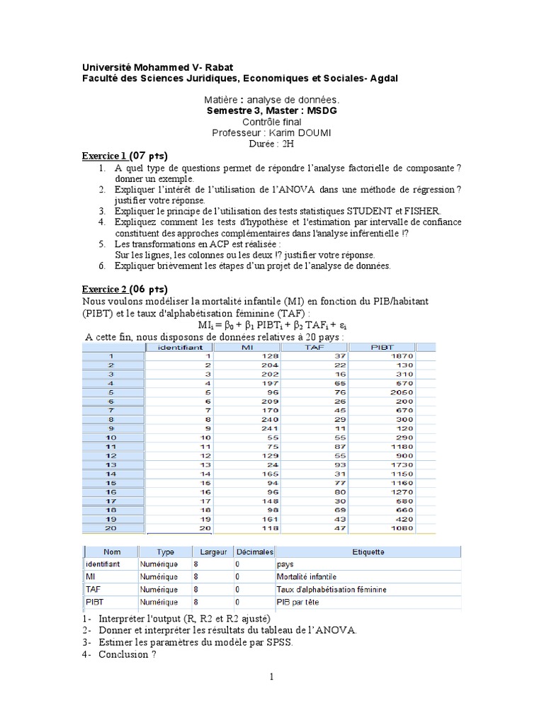 Examen S3 MSDG 2018-2019 | PDF | Analyse des données | Statistiques