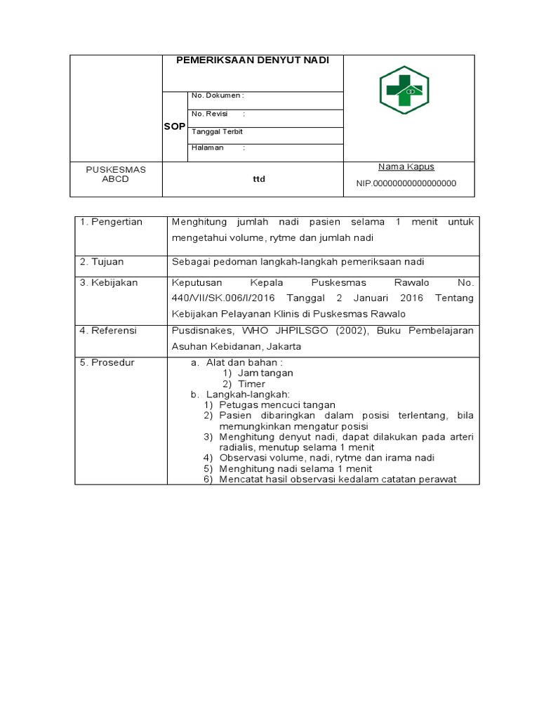 SOP Pemeriksaan Denyut Nadi | PDF | Sains & Matematika