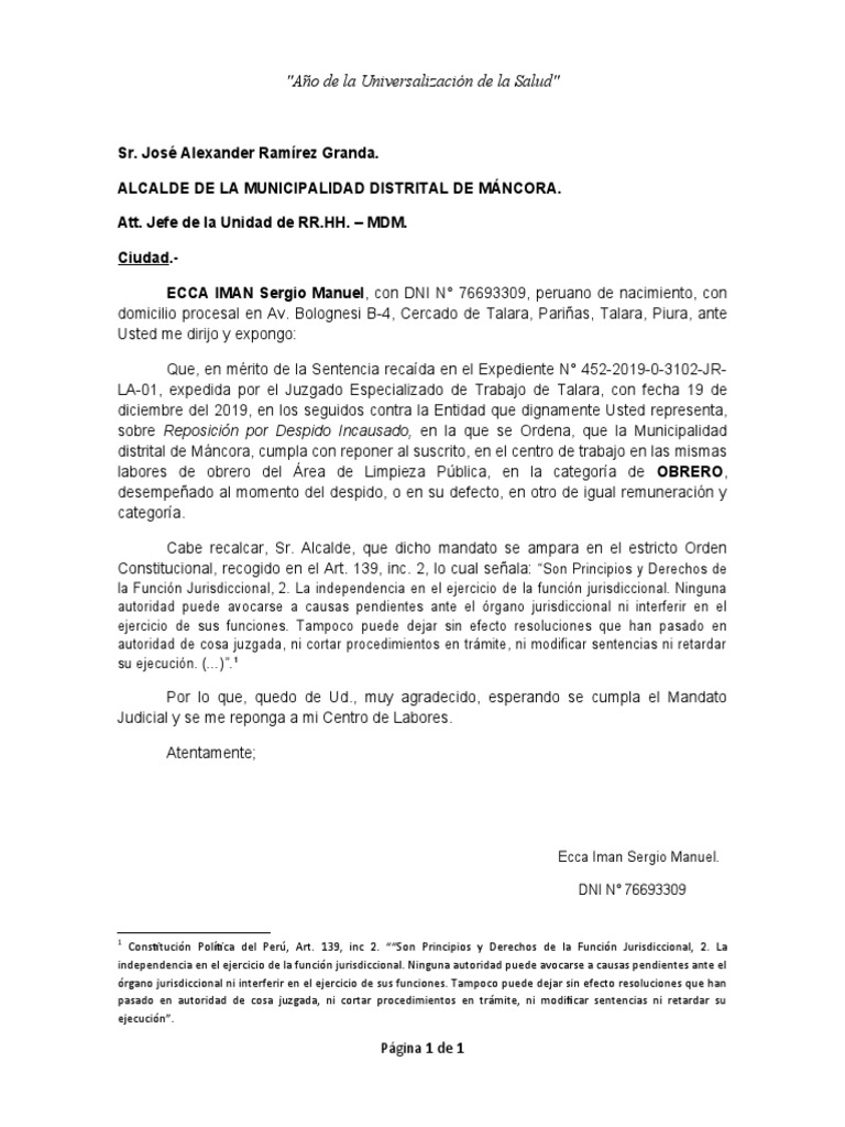 Solicitud Sergio Ecca Iman 2 | PDF | Jurisdicción | Ley constitucional