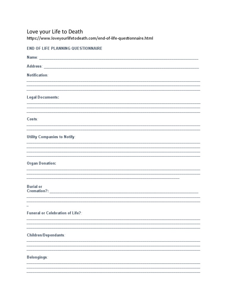 Love Your Life To Death Questionnaire | PDF | Funeral