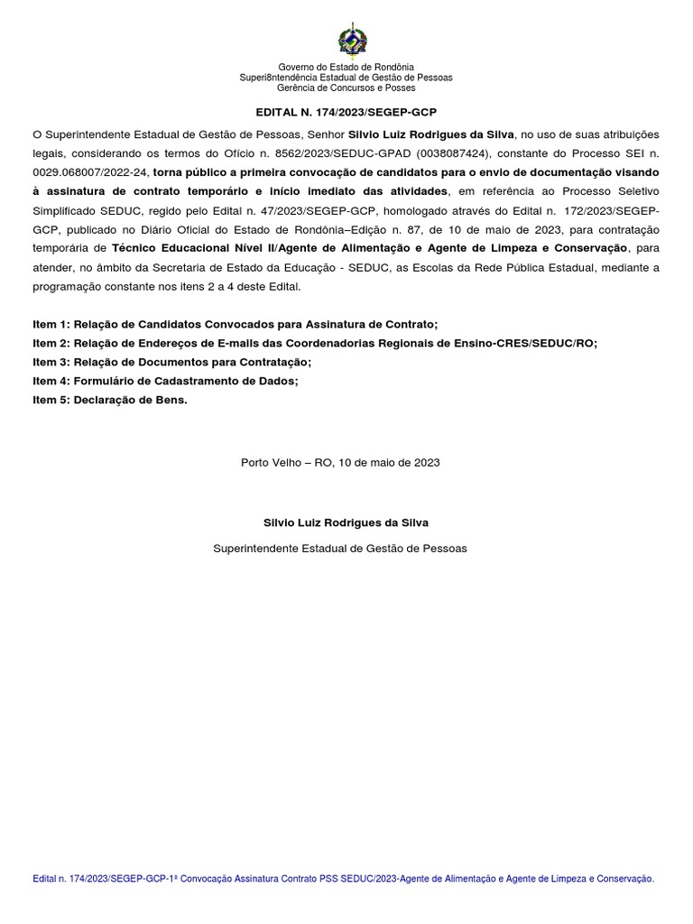Edital N. 174 2023 SEGEP GCP 1a Convocacao Assinatura de Contrato ...