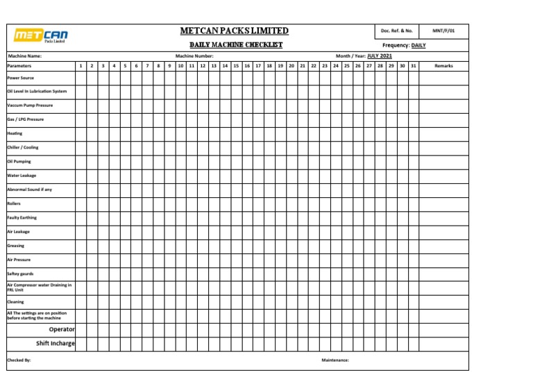 Daily Machine Maintenance Checklist | PDF