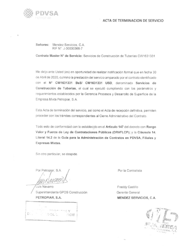 Actas Servicios de Contruccion de Tuberias, Petropiar-Chevron | PDF