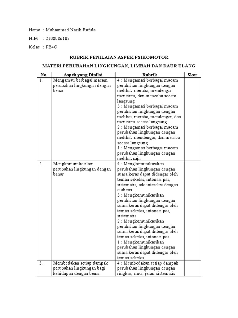 Rubrik Penilaian Psikomotor | PDF