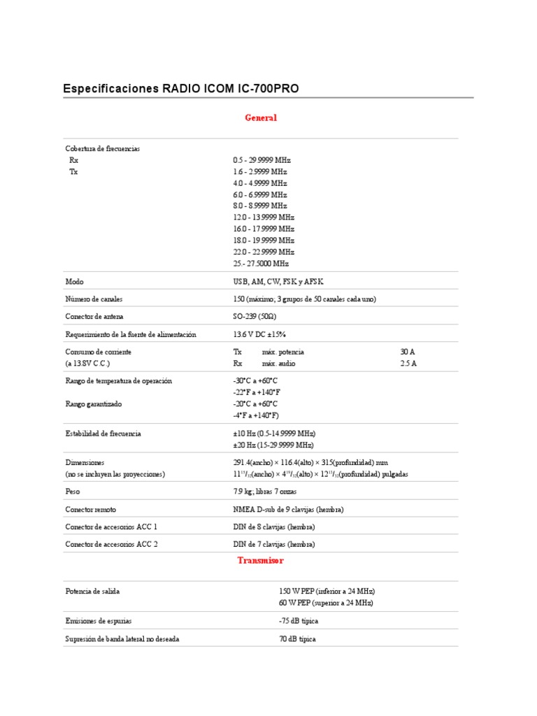 Especificaciones RADIO ICOM IC | PDF | Ingeniería de audio | Inalámbrico