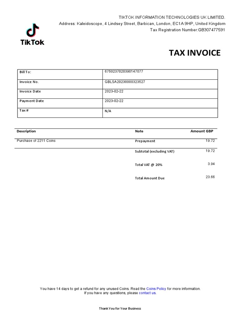 Tax Invoice: Description Note Amount GBP | PDF