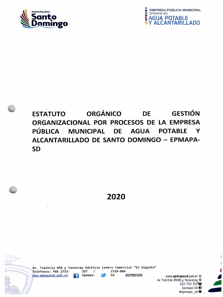 Estatutu Orgánico de Gestión Organizacional Por Procesos de La Epmapa-Sd 2020 | PDF