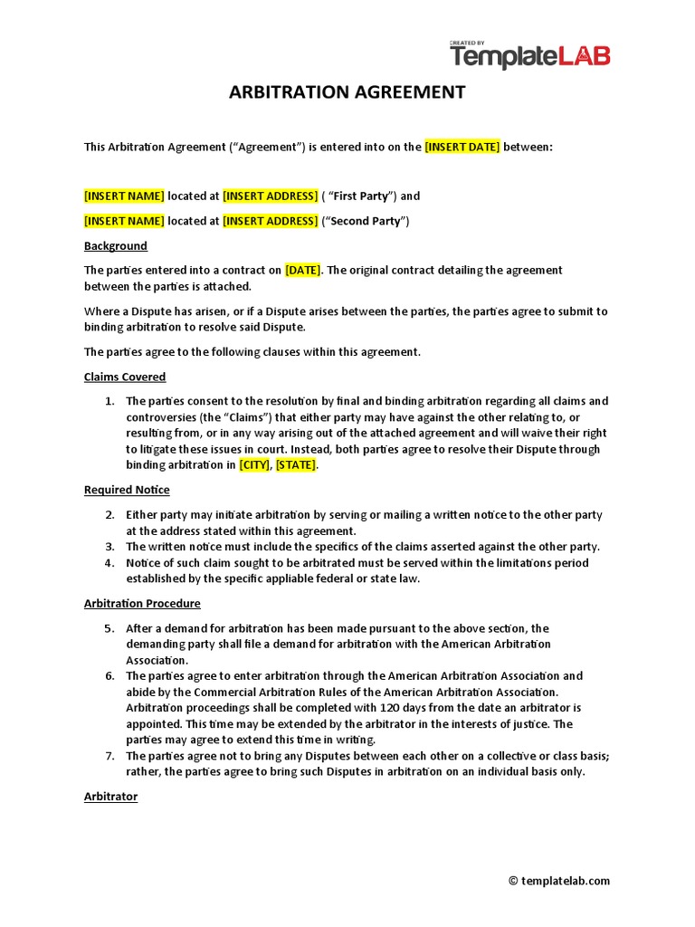 Arbitration Agreement Template | PDF