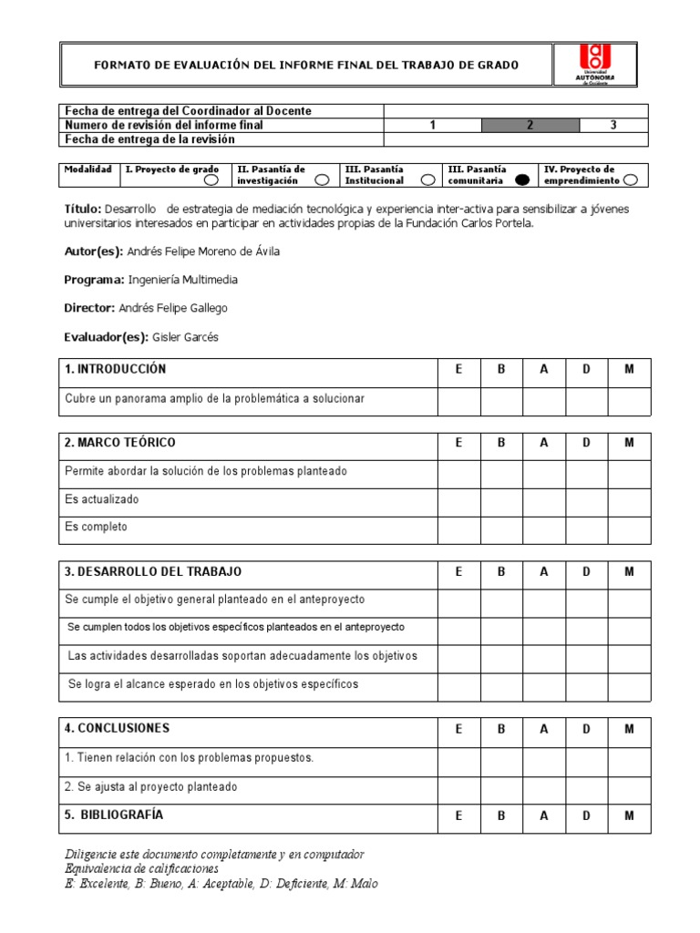 Formato Evaluacion Informe Final Trabajo de Grado | PDF