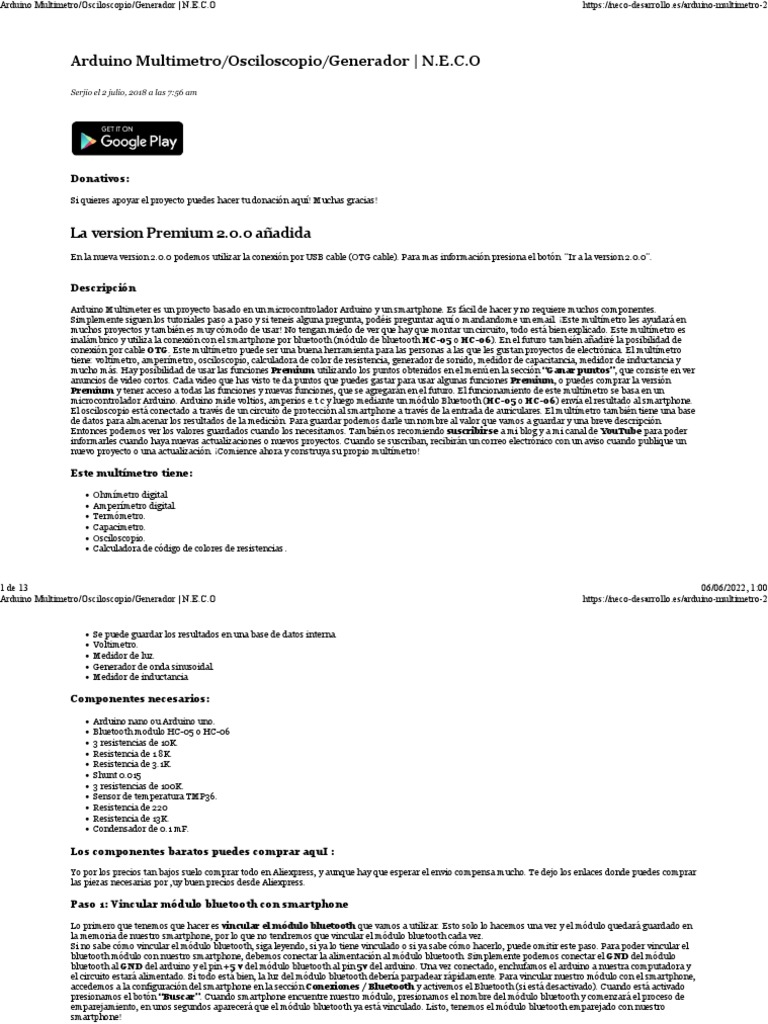 Simplificado Arduino Multimetro - Osciloscopio - Generador N.E.C.O | PDF | Bluetooth | Placa de ...