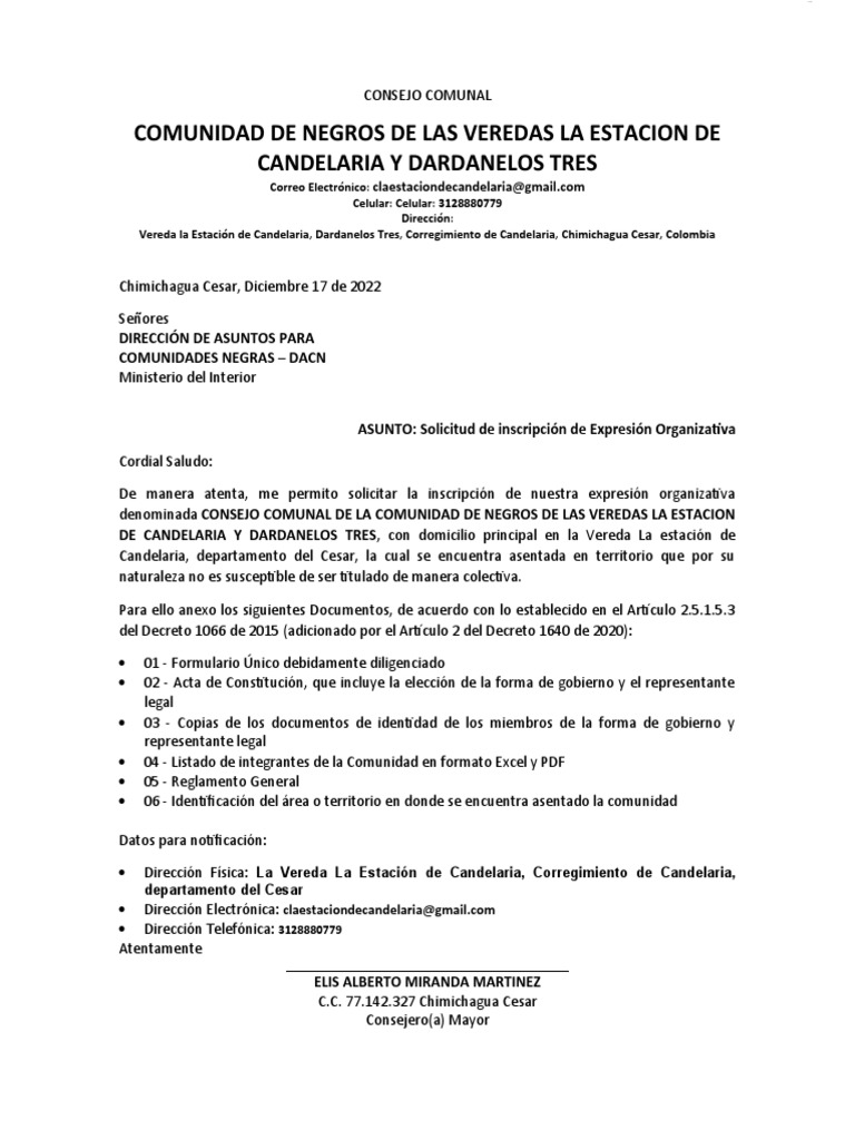 00 Solicitud Registro de La Comunidad - Consejo Comunal La Estacion | PDF