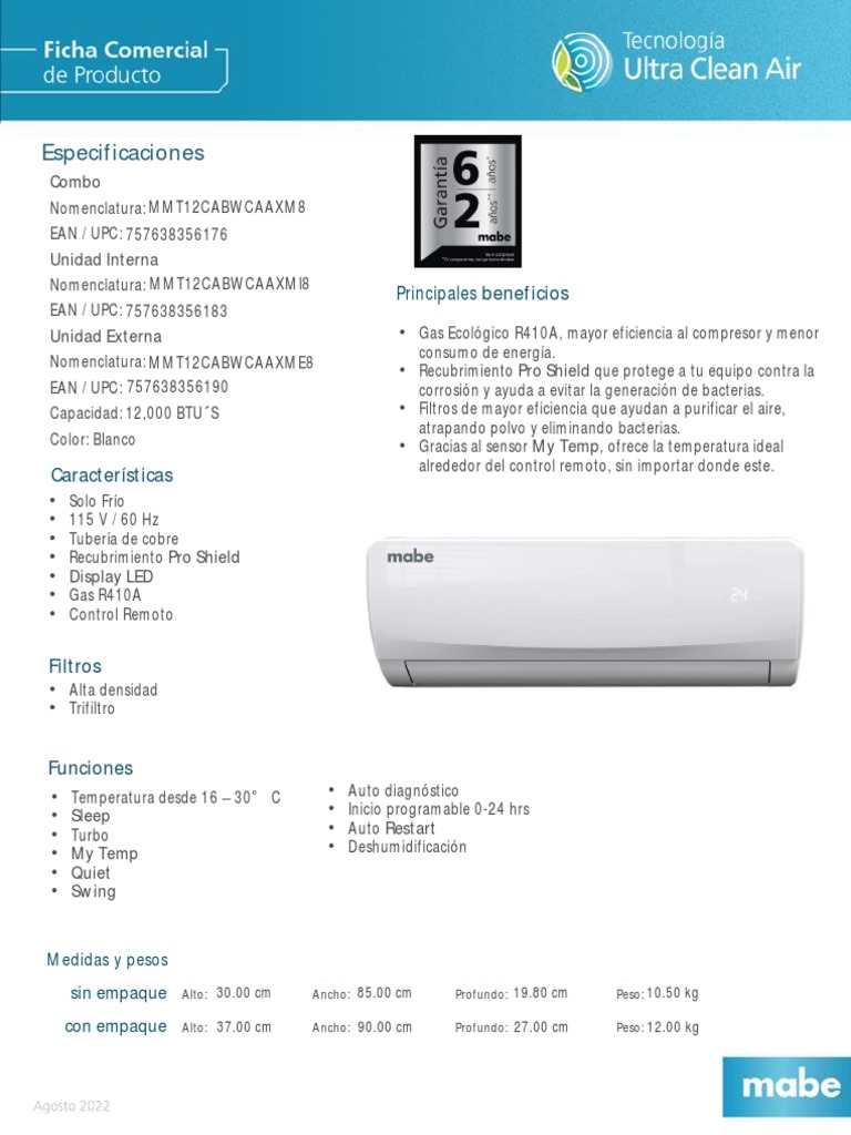Ficha Técnica Minisplit Mabe 12000 BTU | PDF