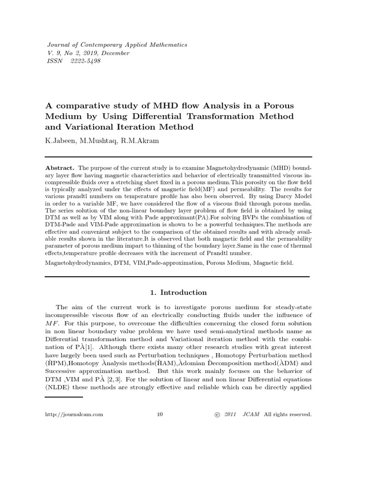 A Comparative Study of MHD Flow Analysis in A Porous Medium by Using ...