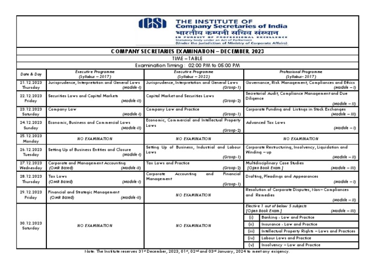 Time_Table_CS_Exams_December_2023 | PDF | Business | Accounting