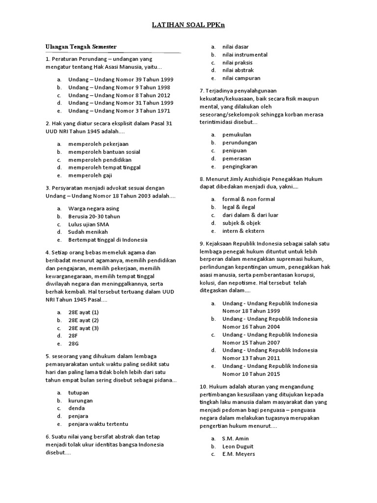 Soal Latihan PAS PPKn-2022 | PDF