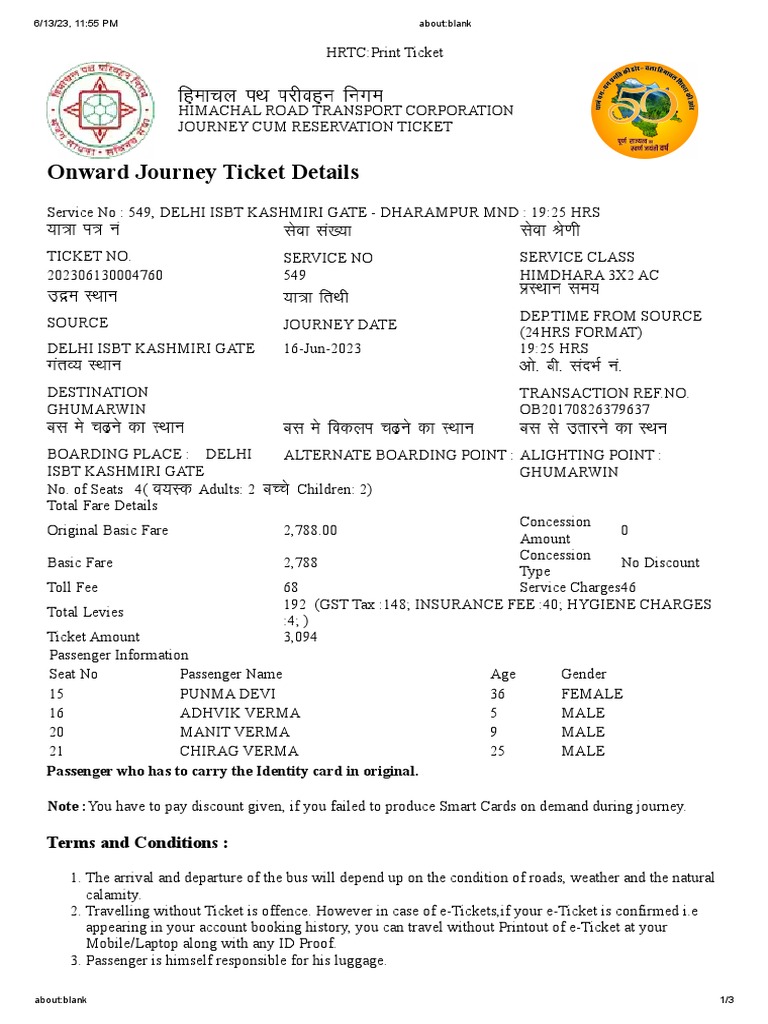 Ticket HRTC | PDF