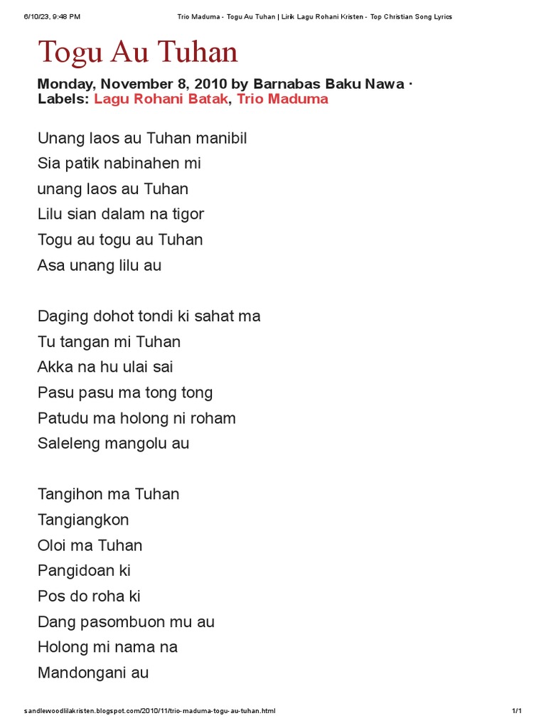 Trio Maduma - Togu Au Tuhan - Lirik Lagu Rohani Kristen - Top Christian ...