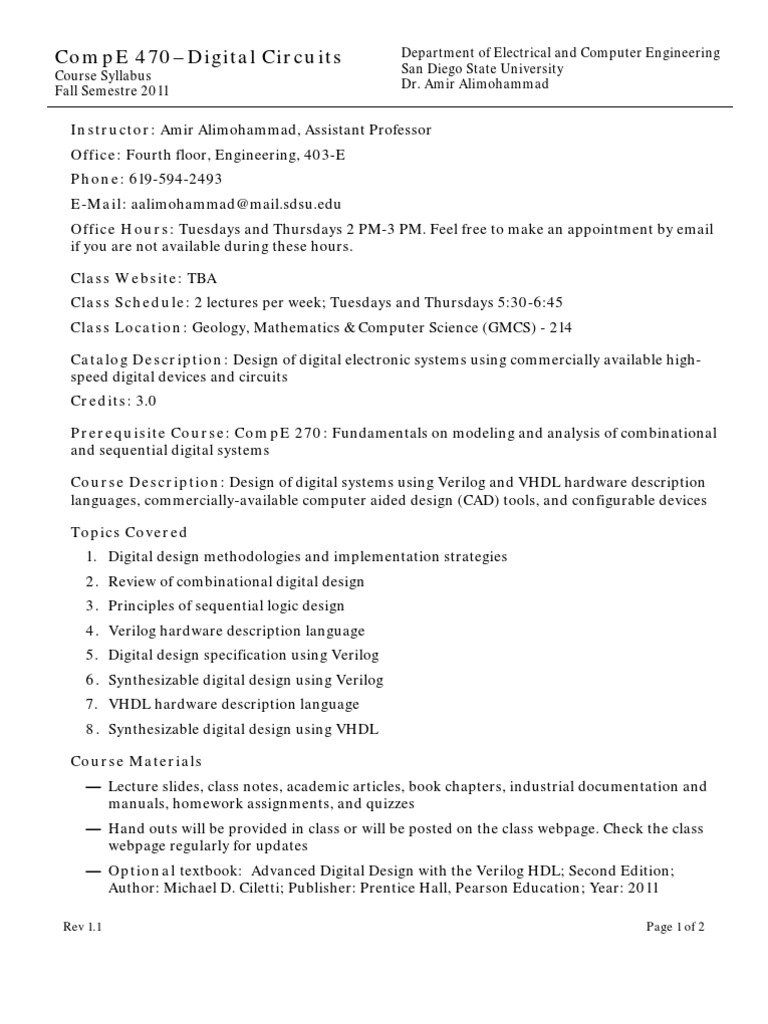 Comp E470 Syllabus | PDF | Hardware Description Language | Logic Synthesis