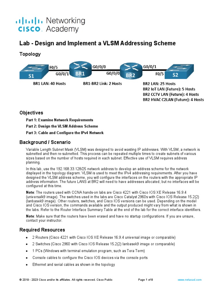 11.10.2 Lab - Design and Implement a VLSM Addressing Scheme | PDF | Computer Network | Ip Address